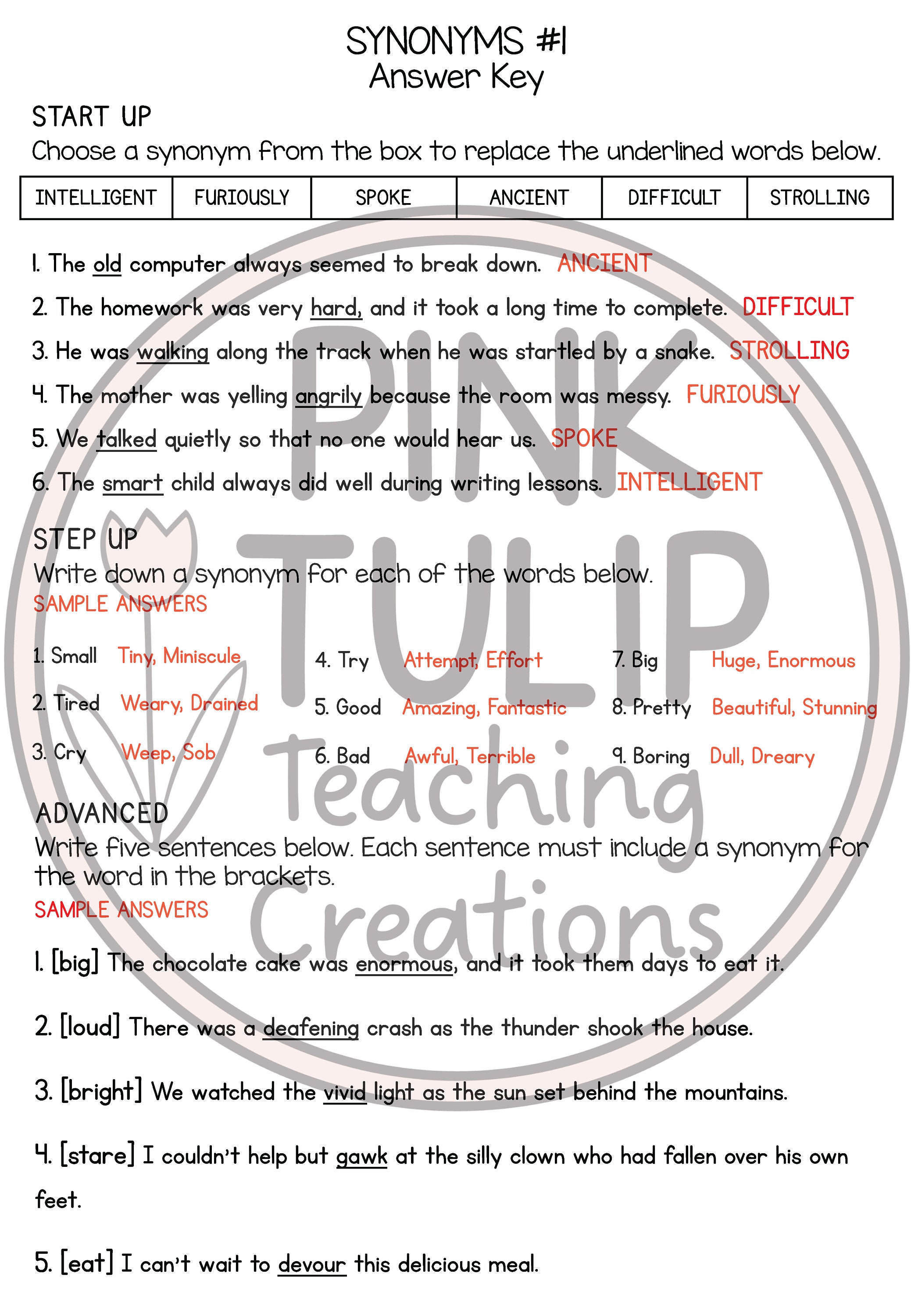 Antonyms and Synonyms - Grammar Worksheets With Answers - Etsy