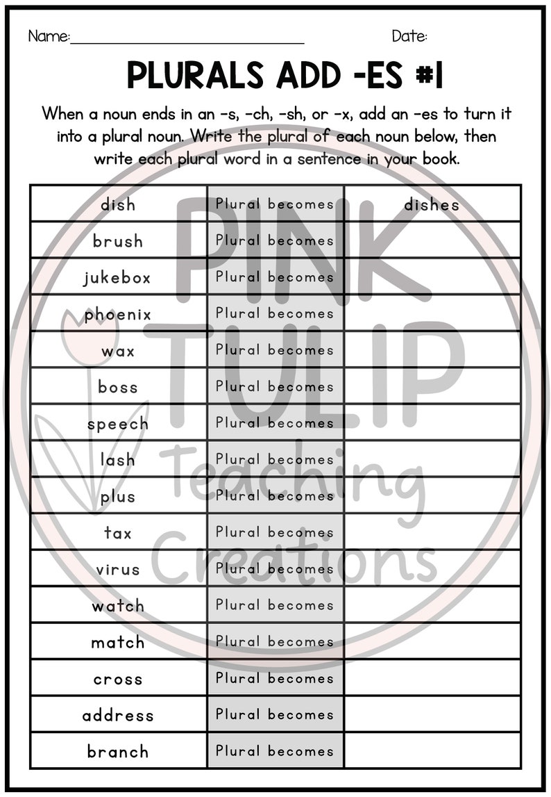Regular Plurals, Add -ES Grammar Worksheets - Etsy