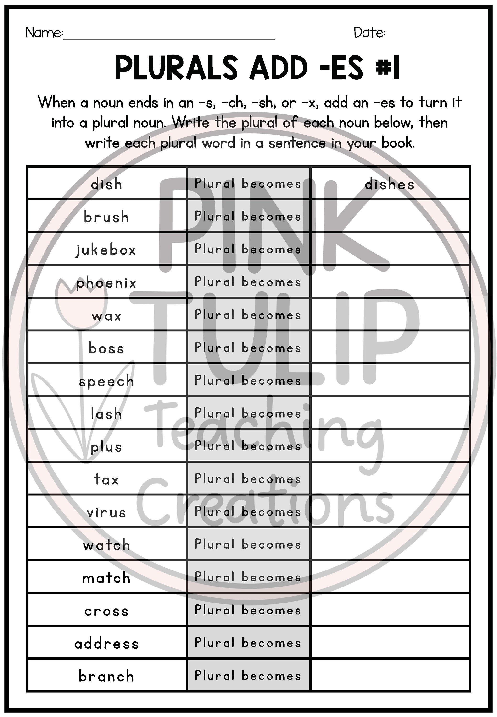 Regular Plurals, Add -ES Grammar Worksheets - Etsy