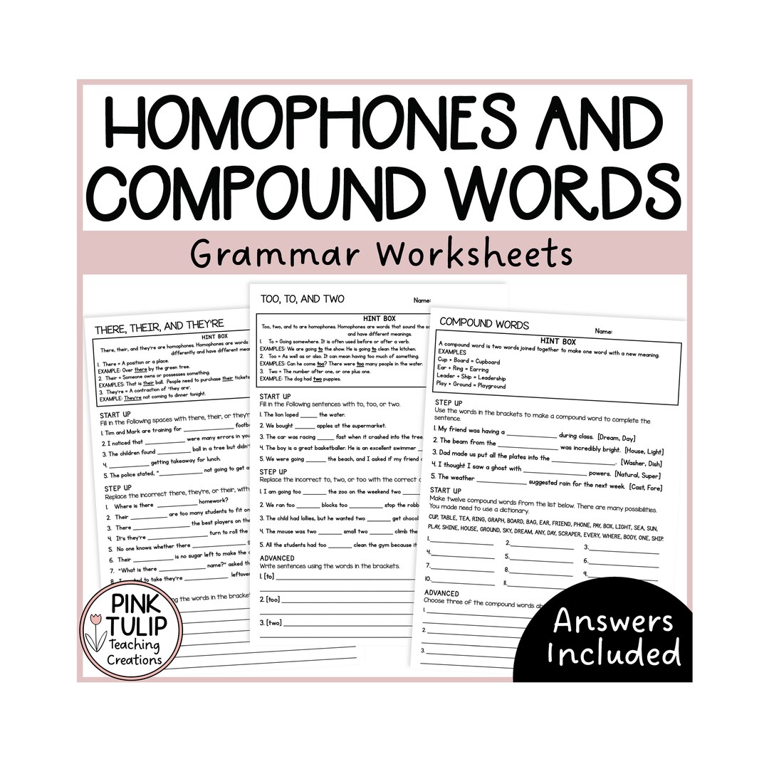 Their, Too (homophones), and Compounds Words - Grammar Worksheets With ...