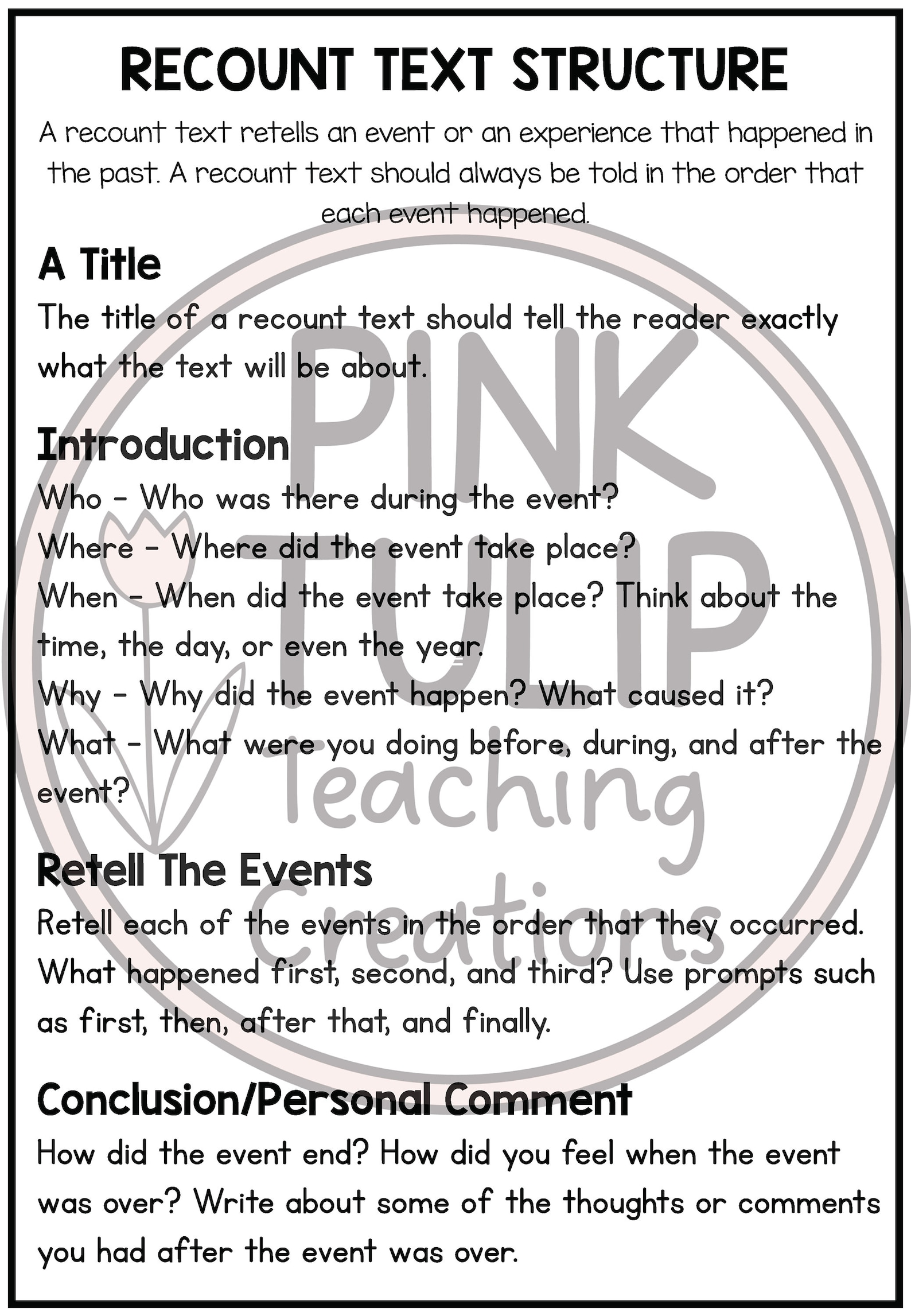 Recount Text Writing Worksheet Pack No Prep Lesson Ideas - Etsy