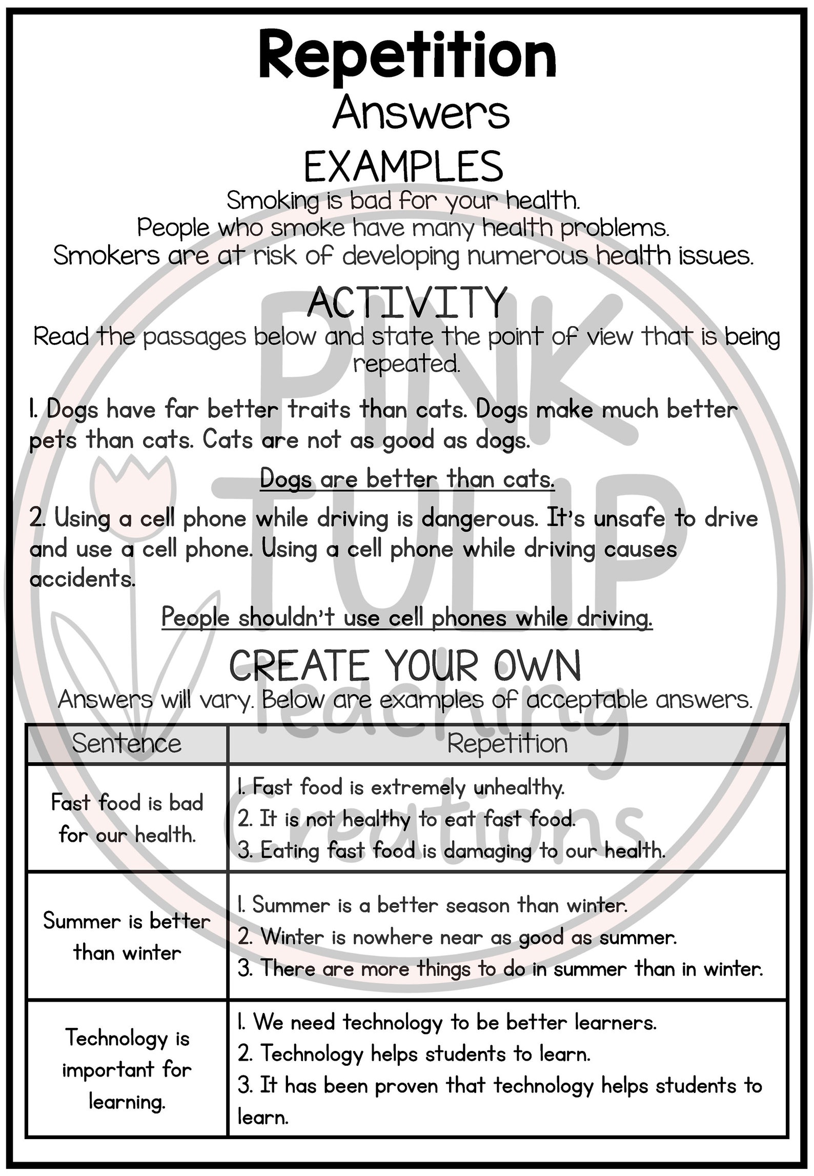 Repetition - Persuasive Writing Worksheets - Etsy