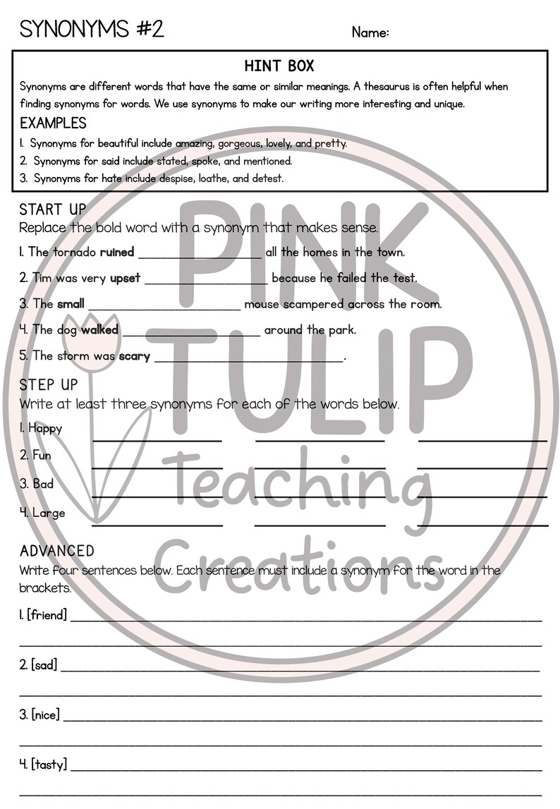 Antonyms and Synonyms - Grammar Worksheets With Answers - Etsy