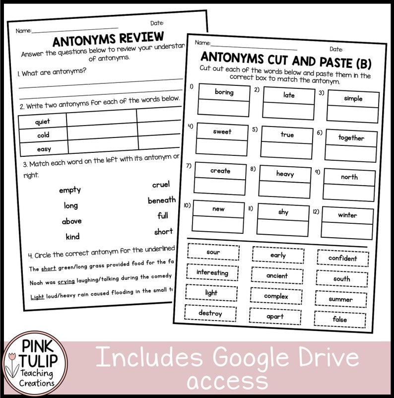 Antonyms Worksheet Pack No Prep Printables With Answers - Etsy