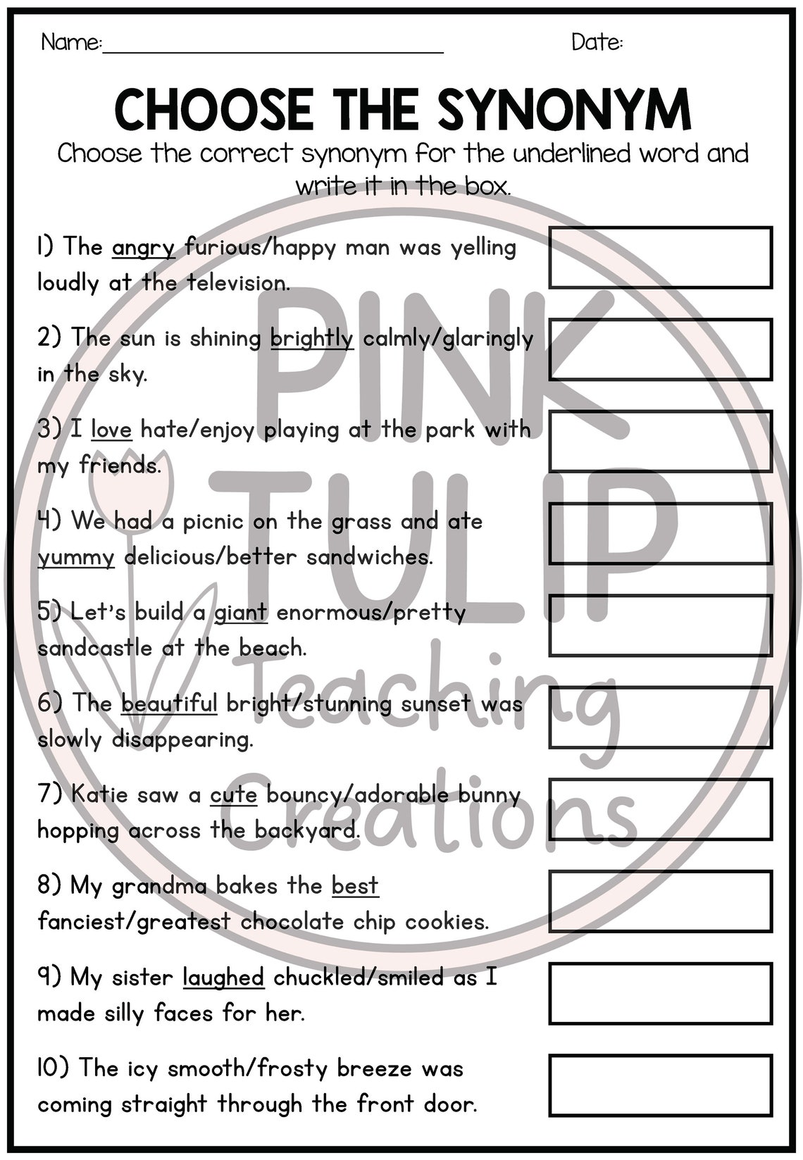 Synonyms Worksheet Pack No Prep Printables With Answers - Etsy