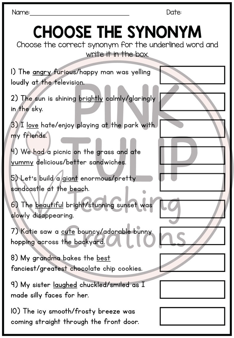 Synonyms Worksheet Pack No Prep Printables With Answers - Etsy