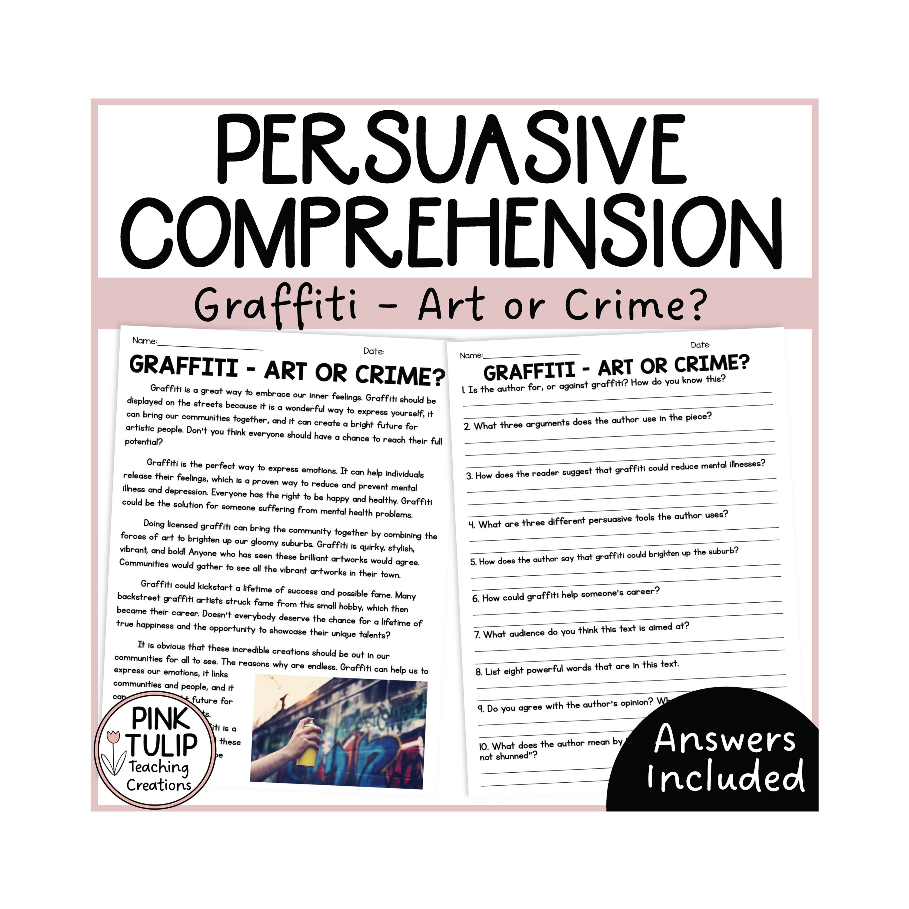 Persuasive Writing Comprehension - Graffiti, Art or Crime? - Etsy