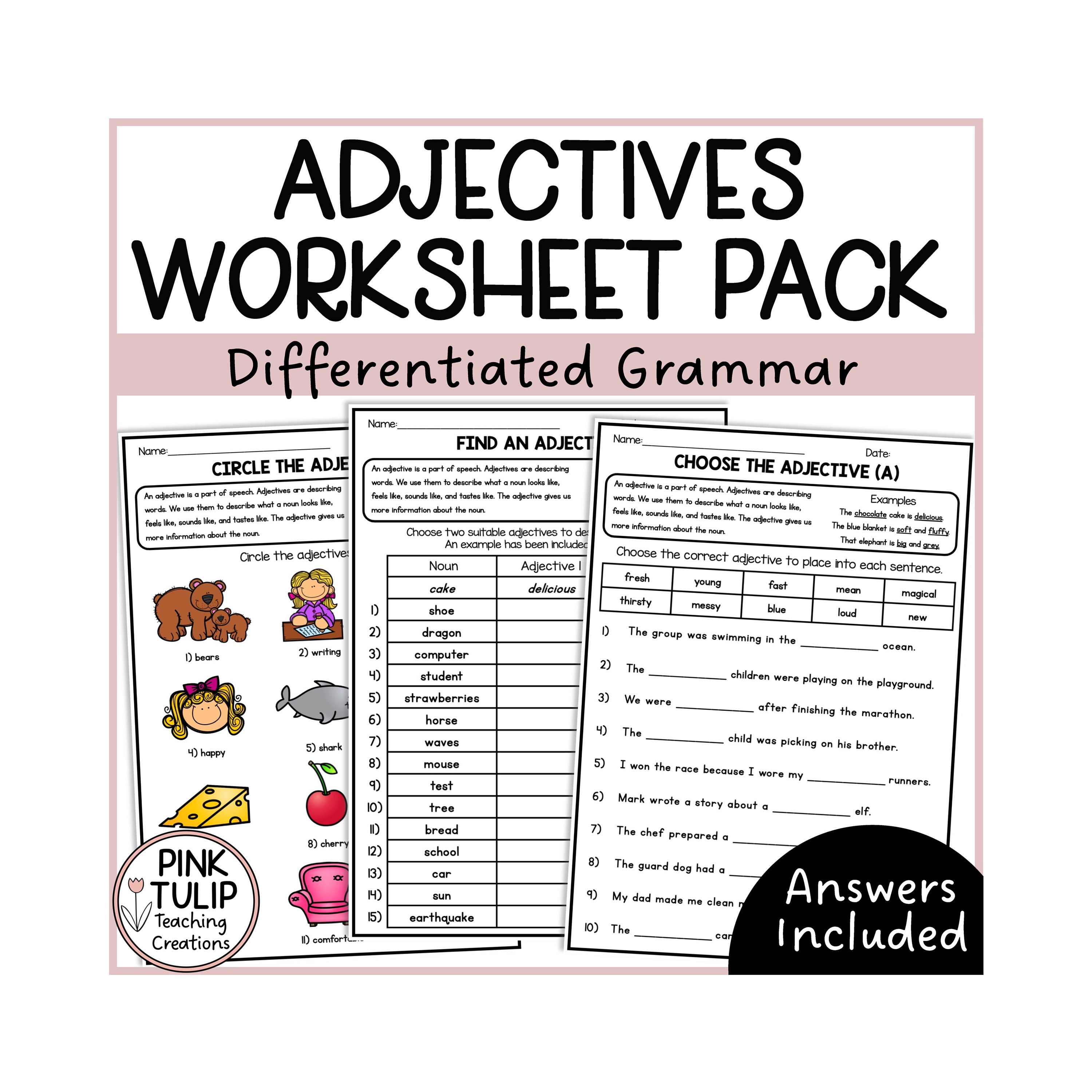 Adjectives Worksheet Pack With Answers - Etsy