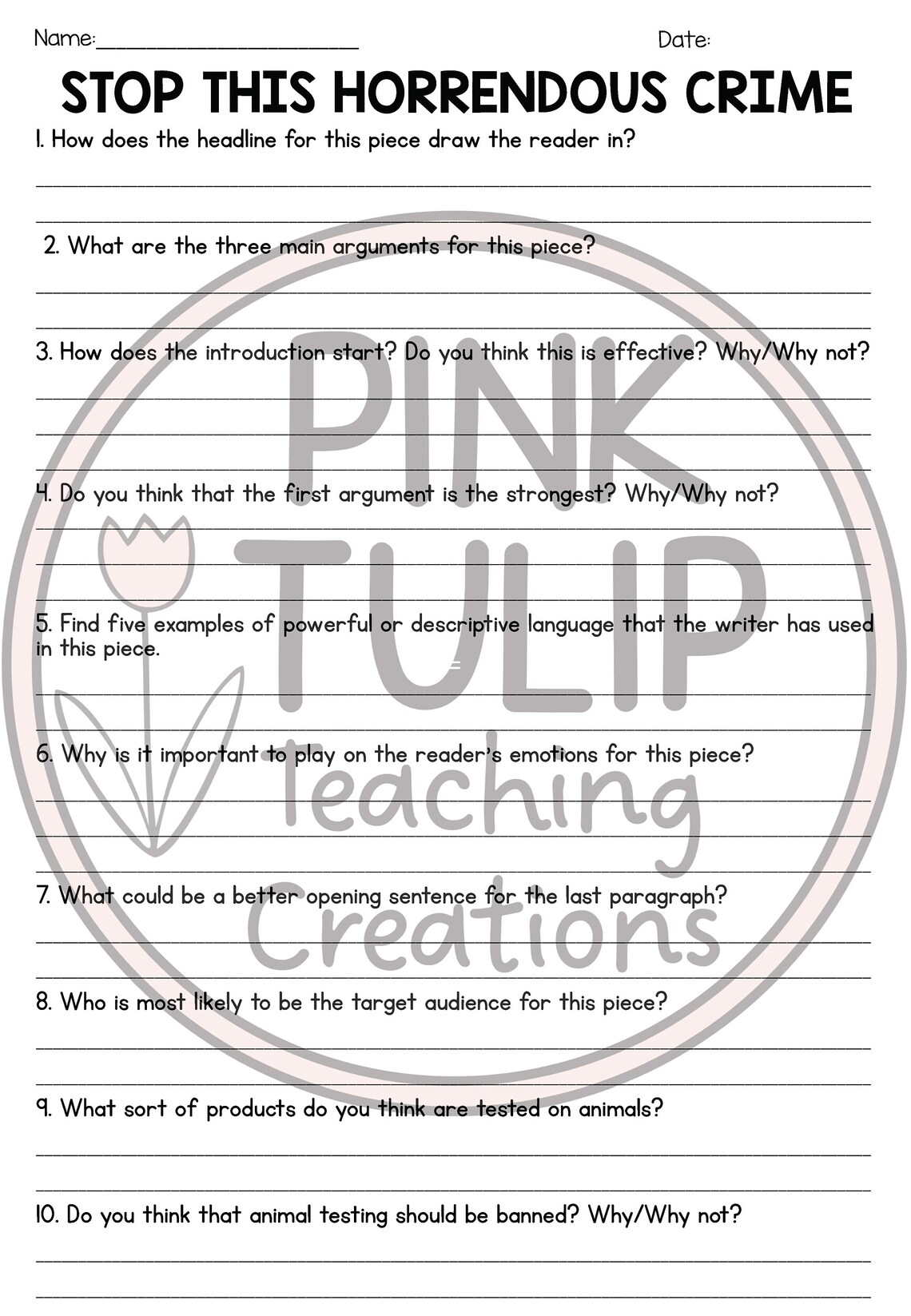 Persuasive Writing Comprehension Stop This Horrendous Crime - Etsy