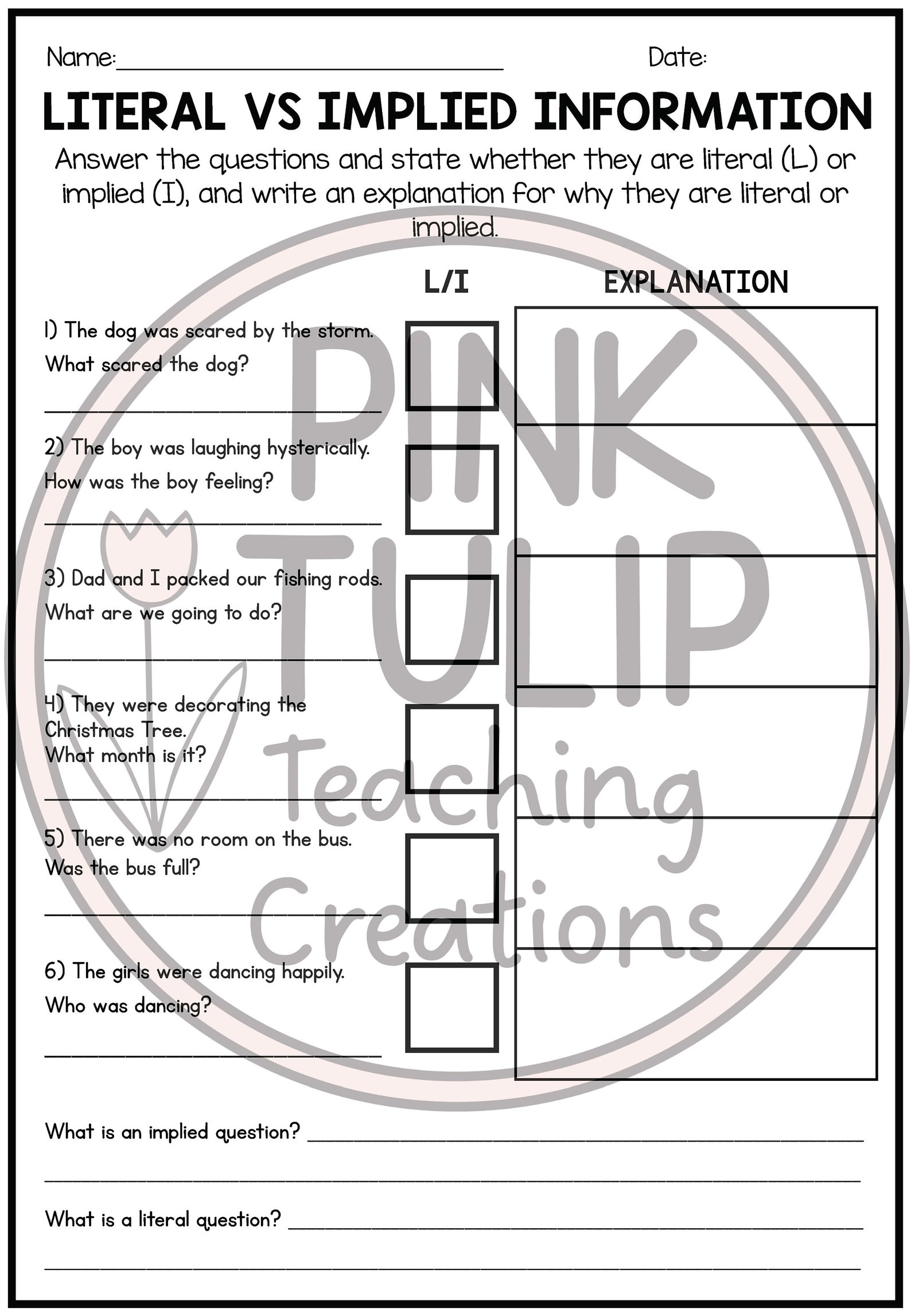 Implied Vs Literal Questions - Worksheets With Answers - Etsy