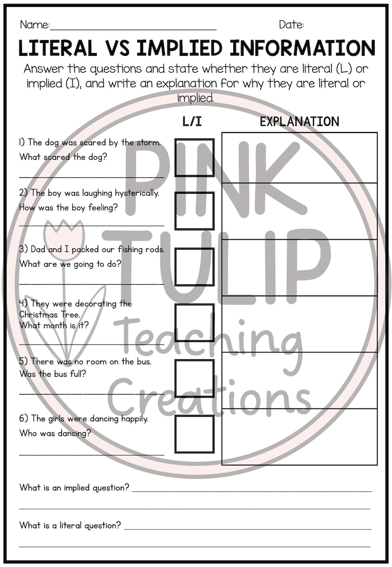 Implied Vs Literal Questions - Worksheets With Answers - Etsy