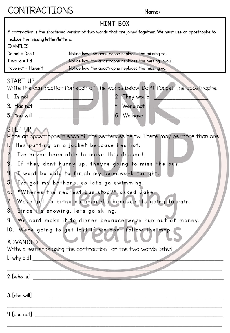 Contractions, Conjunctions, Abbreviations - Grammar Worksheets With ...