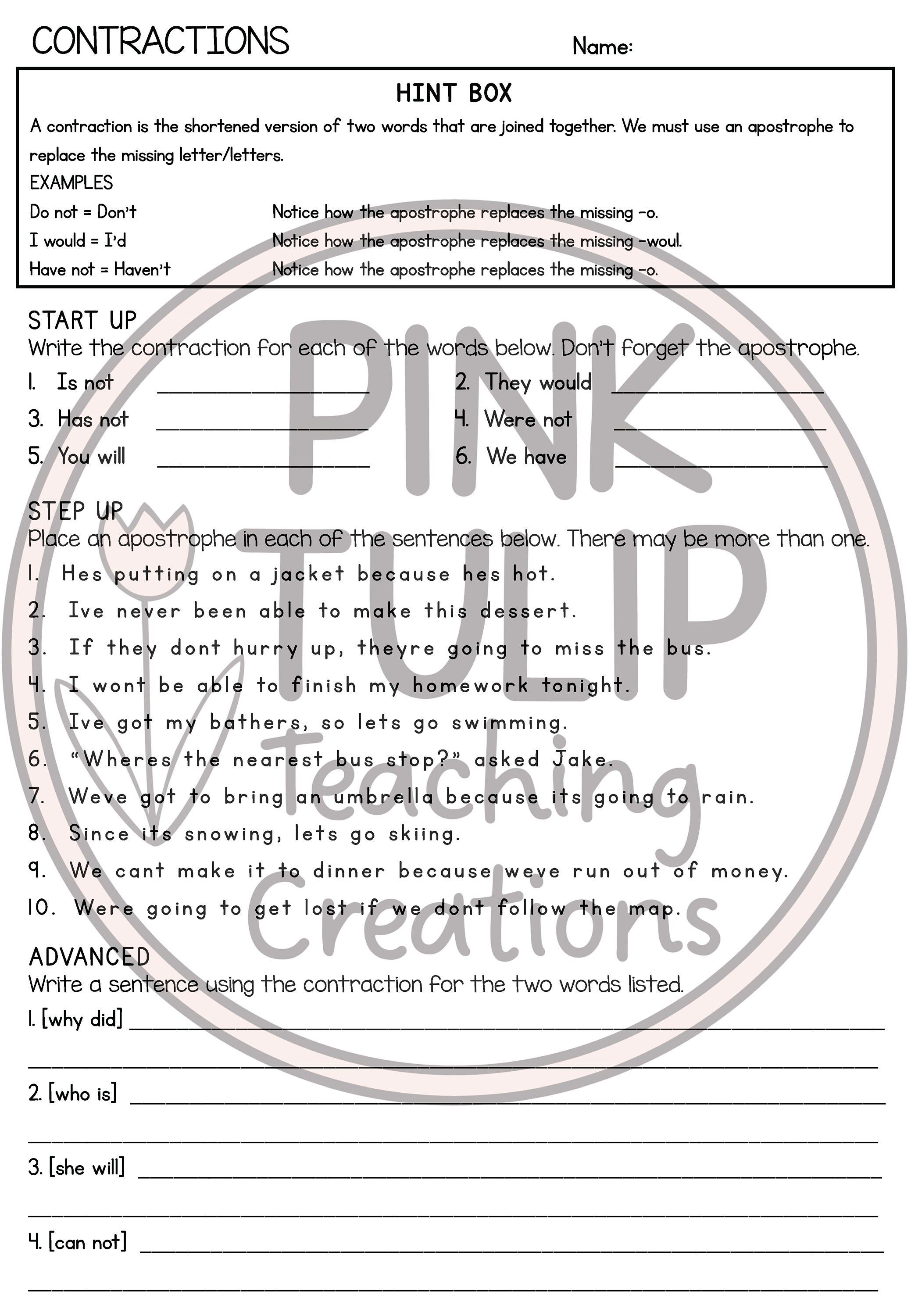 Contractions, Conjunctions, Abbreviations - Grammar Worksheets With ...