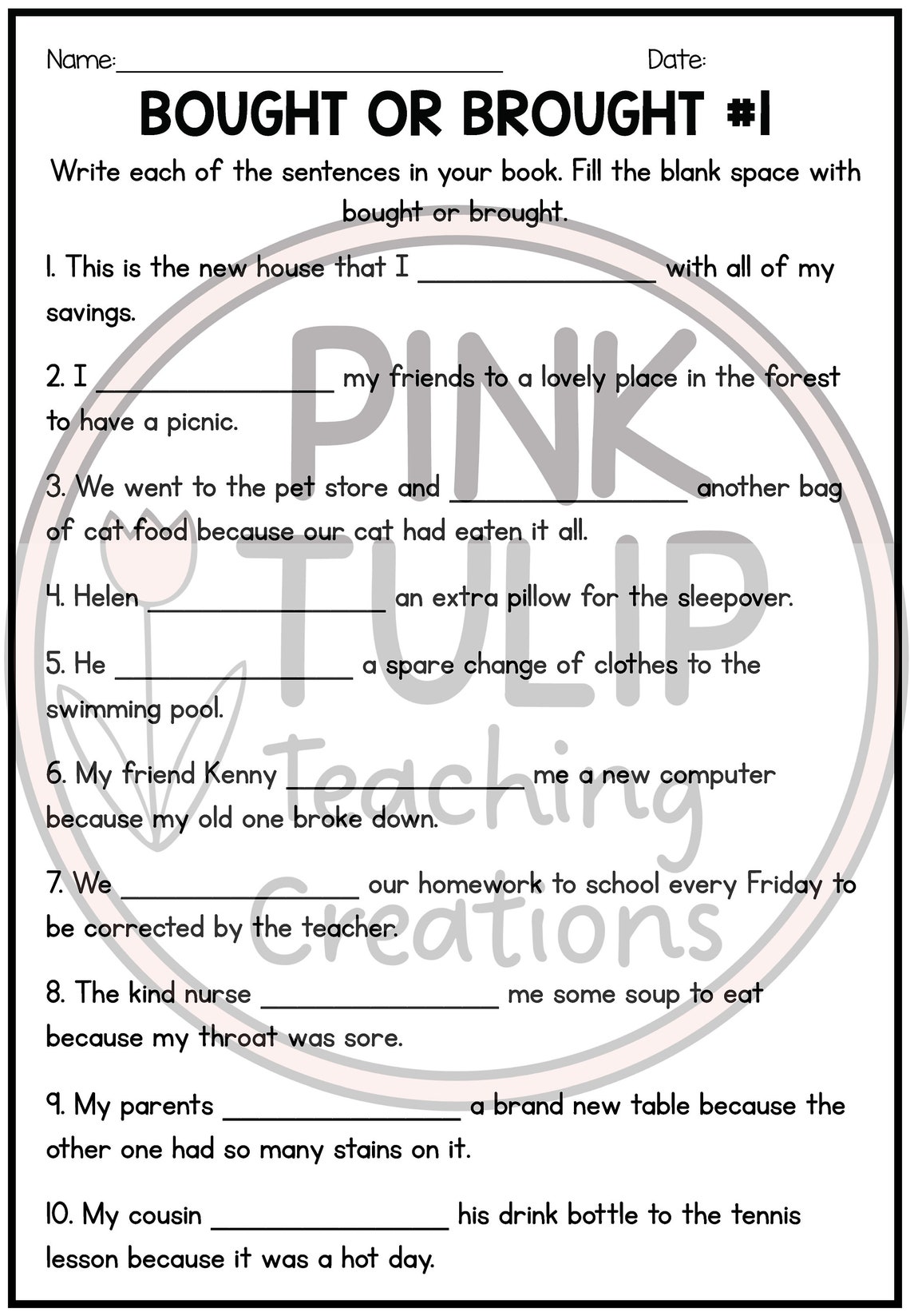 Bought or Brought Grammar Worksheets - Etsy