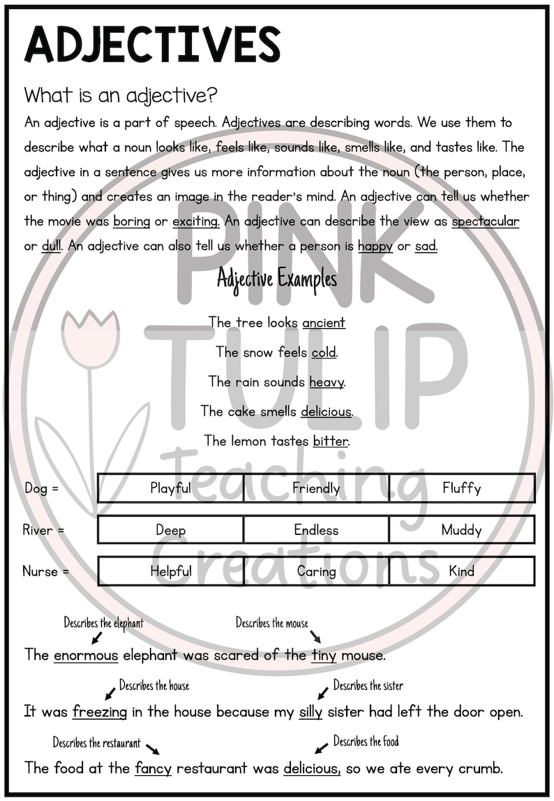 Adjectives Worksheet Pack With Answers - Etsy