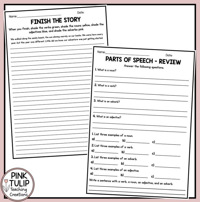 Parts of Speech Mini Unit - Structured Worksheet Pack - Etsy