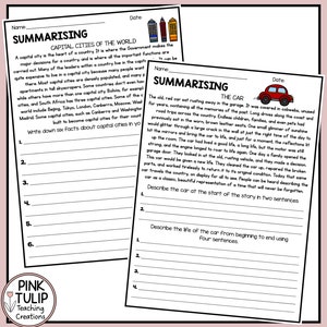 Summarizing (summarising) - Reading Worksheet Pack - Etsy
