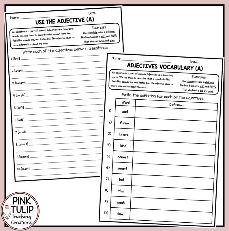 Adjectives Worksheet Pack With Answers - Etsy