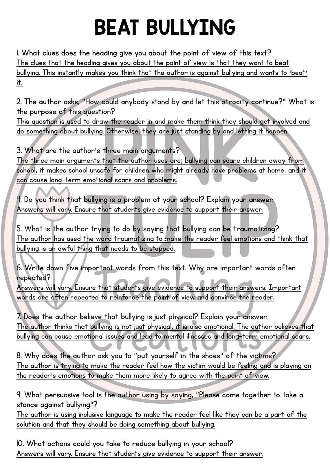 Persuasive Writing Comprehension - Beat Bullying - Etsy