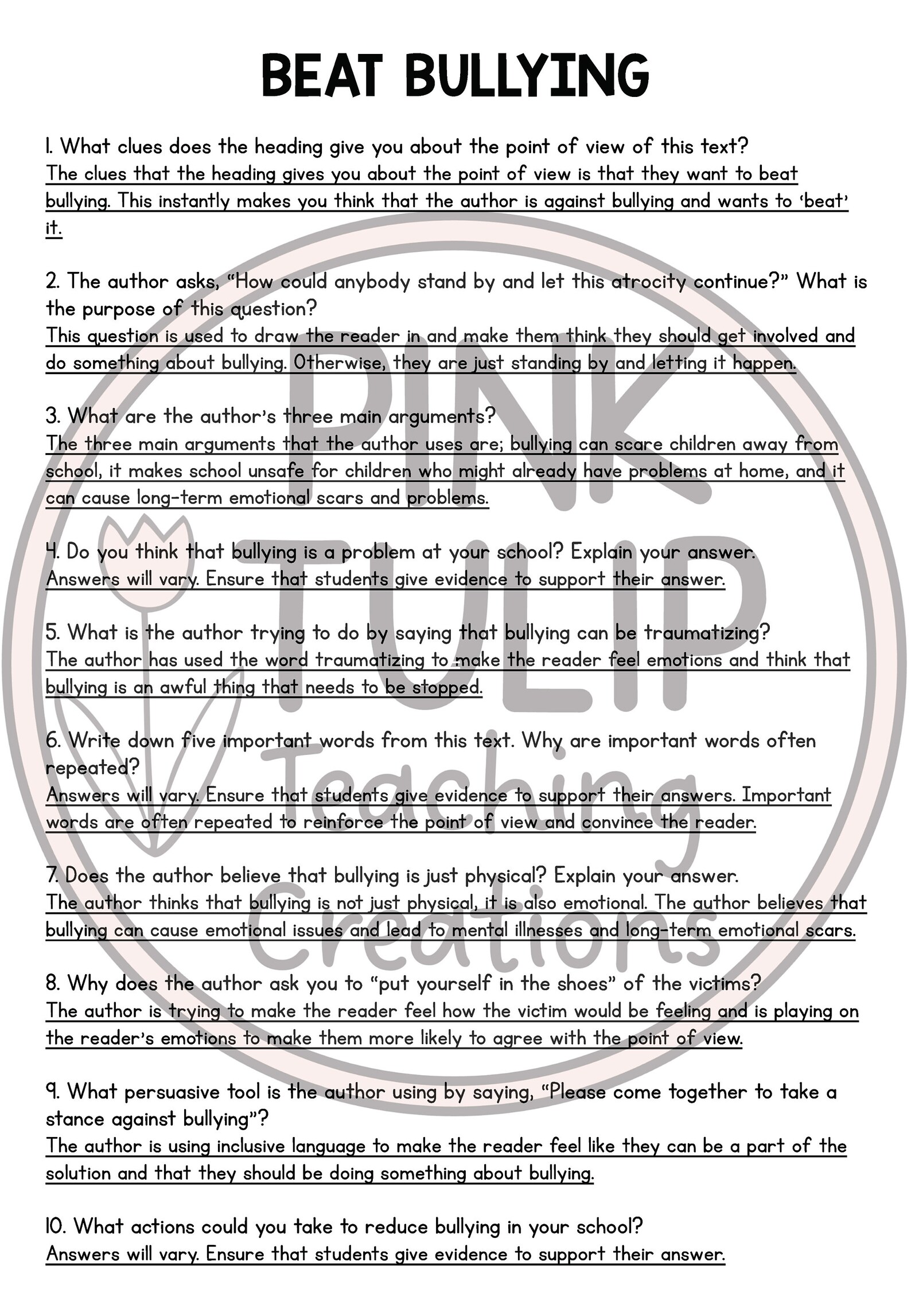 Persuasive Writing Comprehension - Beat Bullying - Etsy