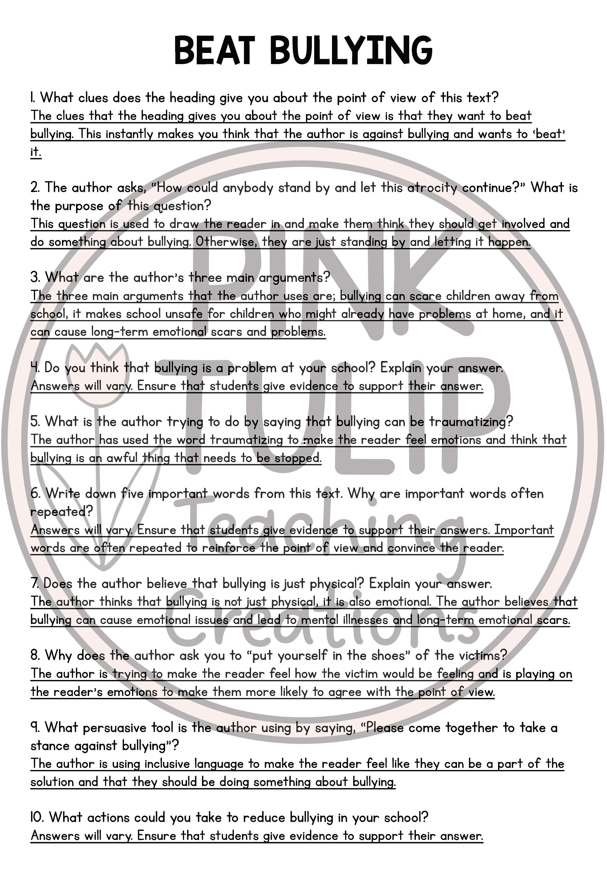 Persuasive Writing Comprehension - Beat Bullying - Etsy