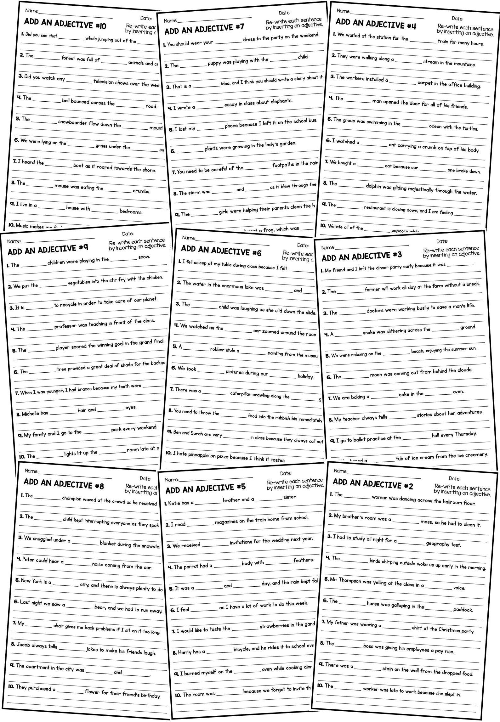 Add an Adjective to the Sentences - Fill in the Blanks Worksheet Pack ...