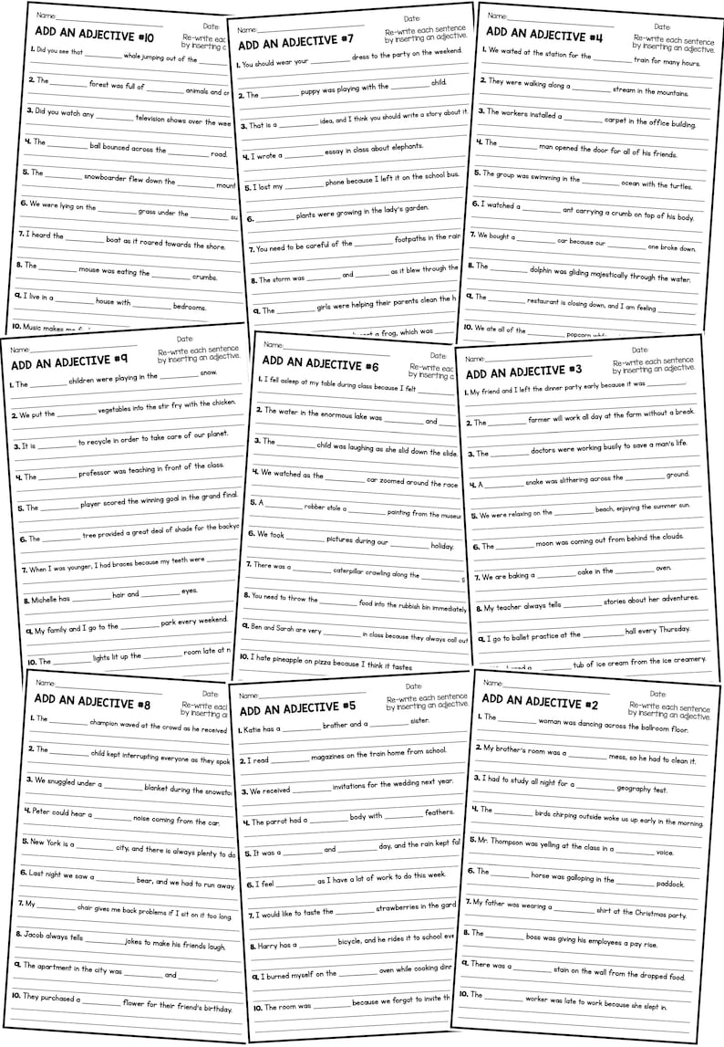 Add an Adjective to the Sentences - Fill in the Blanks Worksheet Pack ...