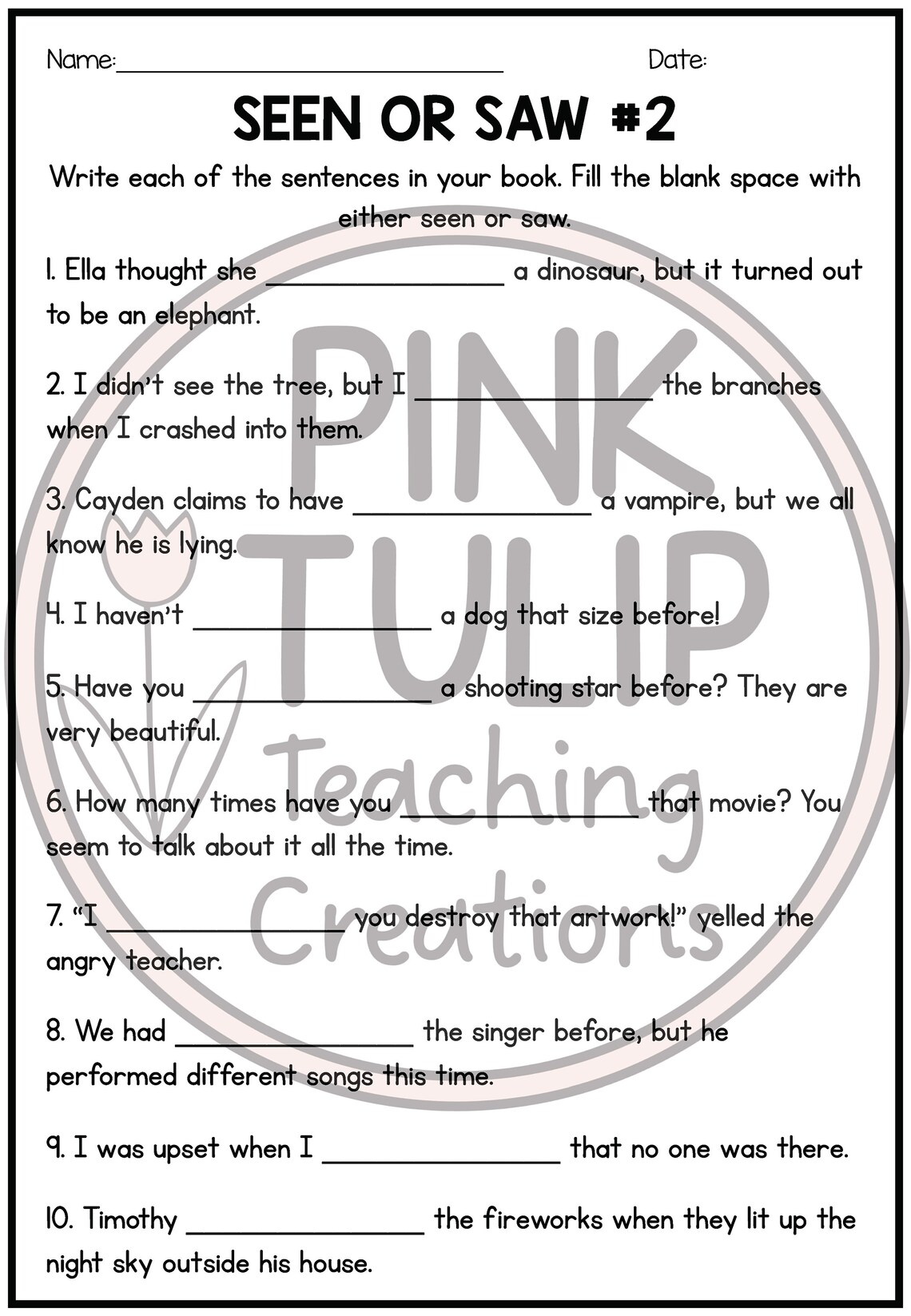 Seen or Saw Grammar Worksheets - Etsy