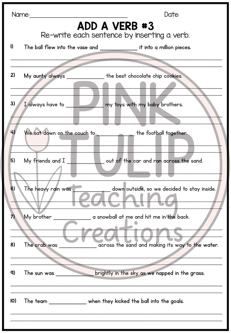 Add A Verb to the Sentences - Fill in the Blanks Worksheet Pack - Etsy
