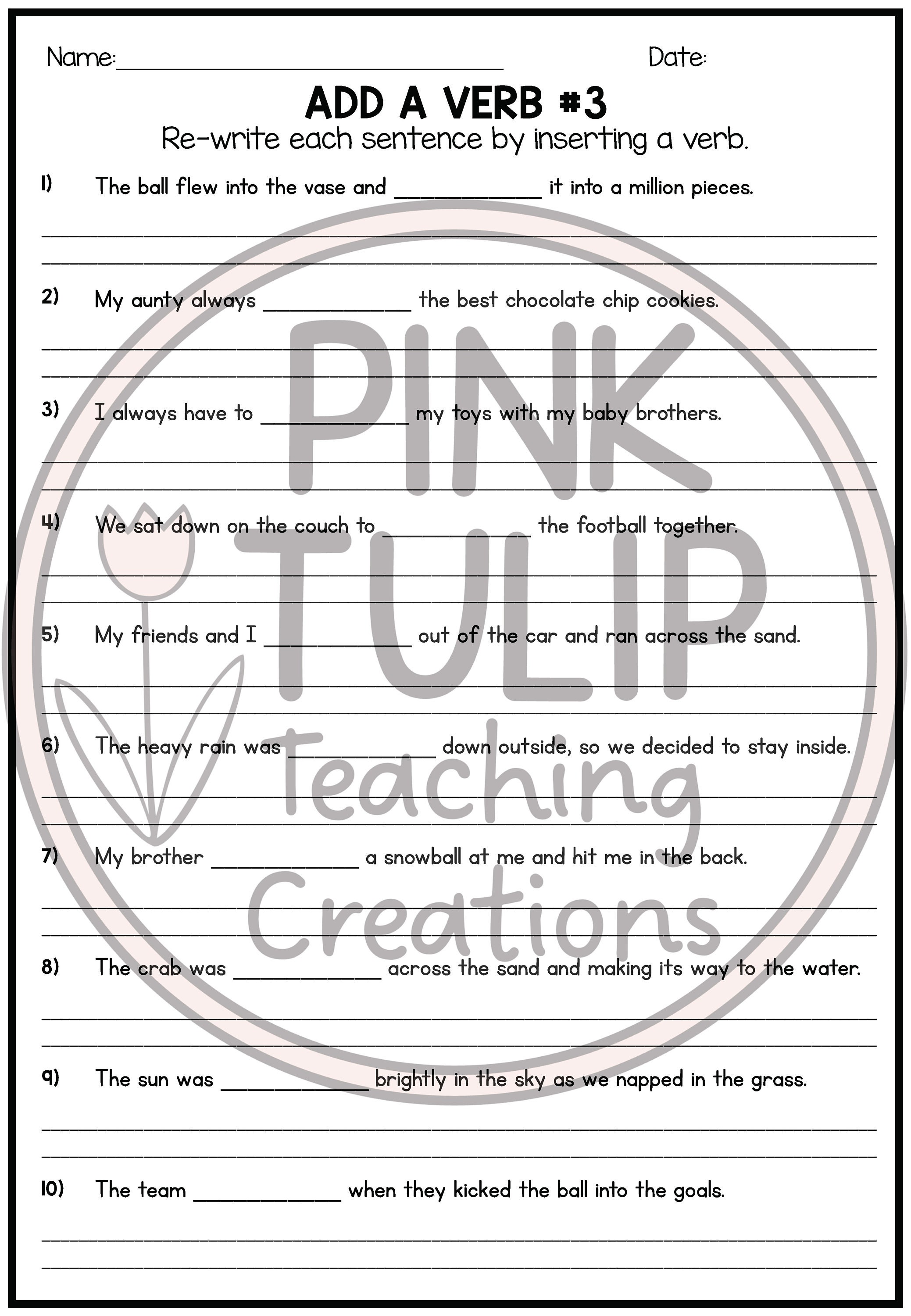 Add A Verb to the Sentences - Fill in the Blanks Worksheet Pack - Etsy