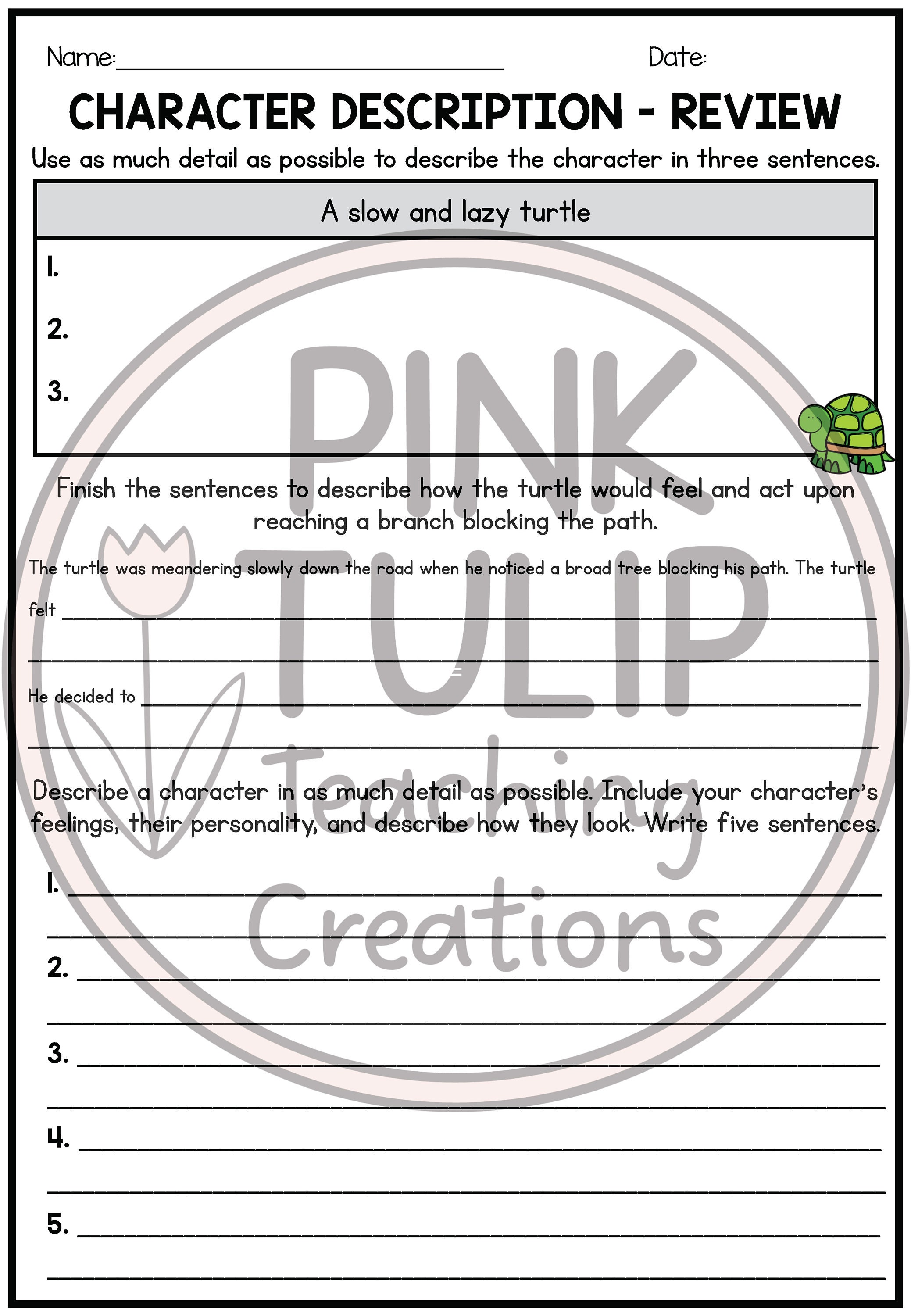 Character Description - Narrative Writing Worksheets - Etsy