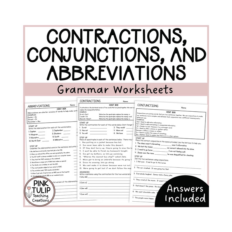 Contractions, Conjunctions, Abbreviations - Grammar Worksheets With ...