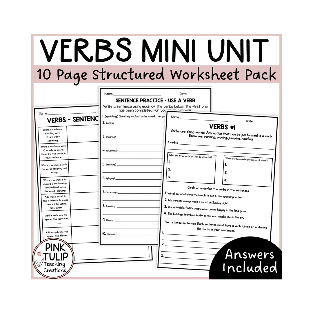 Verbs Mini Unit - Structured Worksheet Pack - Etsy