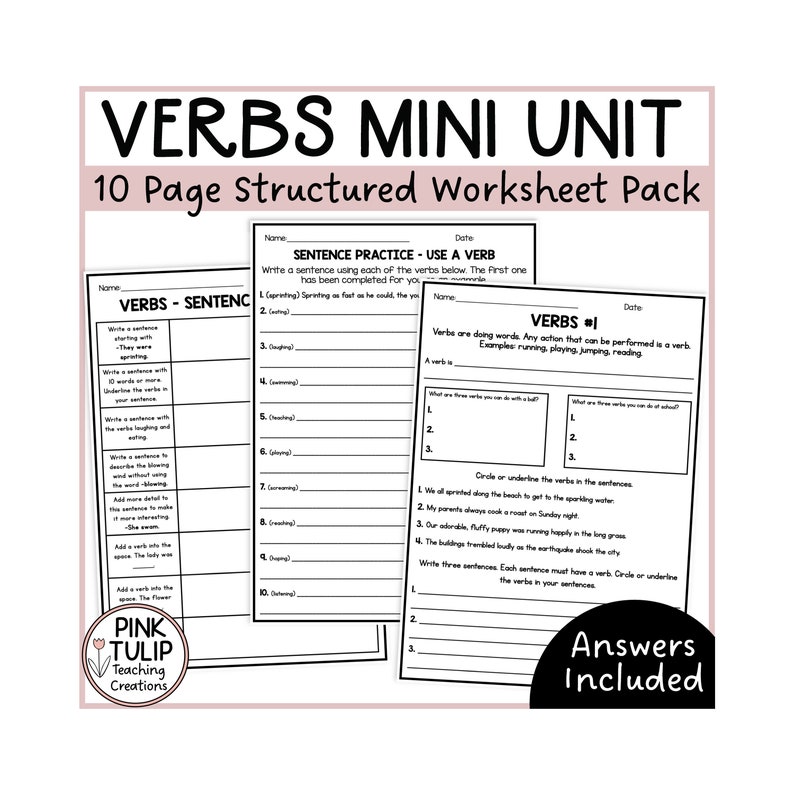 Verbs Mini Unit - Structured Worksheet Pack - Etsy