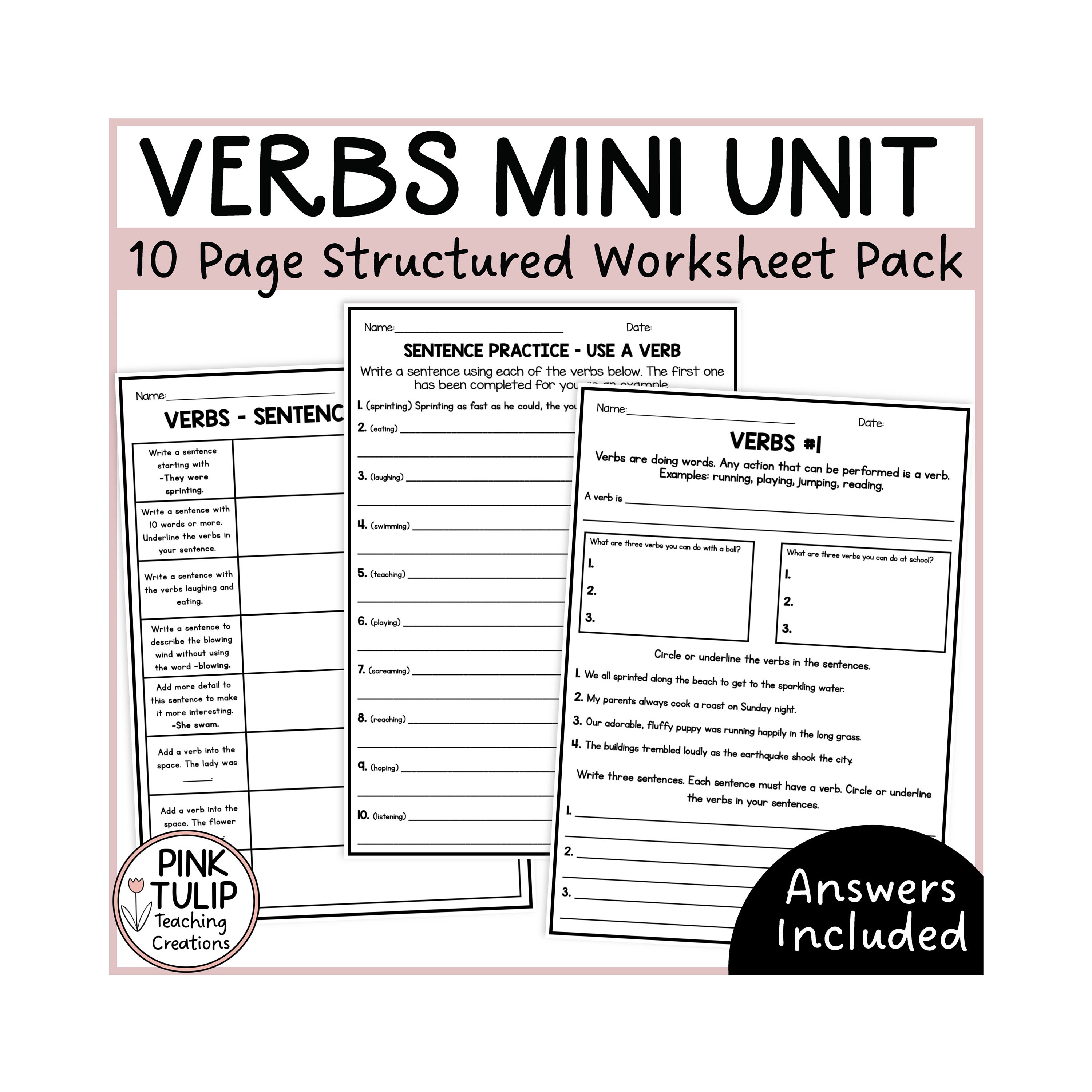 Verbs Mini Unit - Structured Worksheet Pack - Etsy