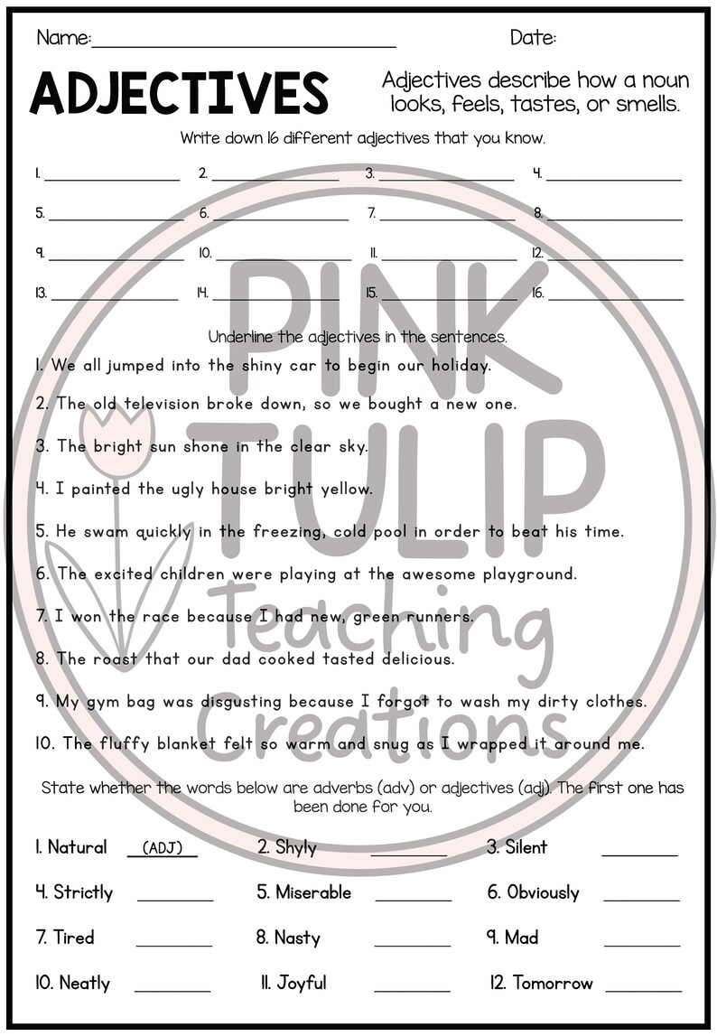 Understanding Adjectives Worksheets - No Prep Printables - Etsy