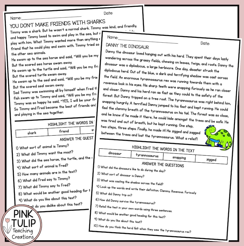 Ten Page Reading Comprehension Worksheet Pack - Etsy