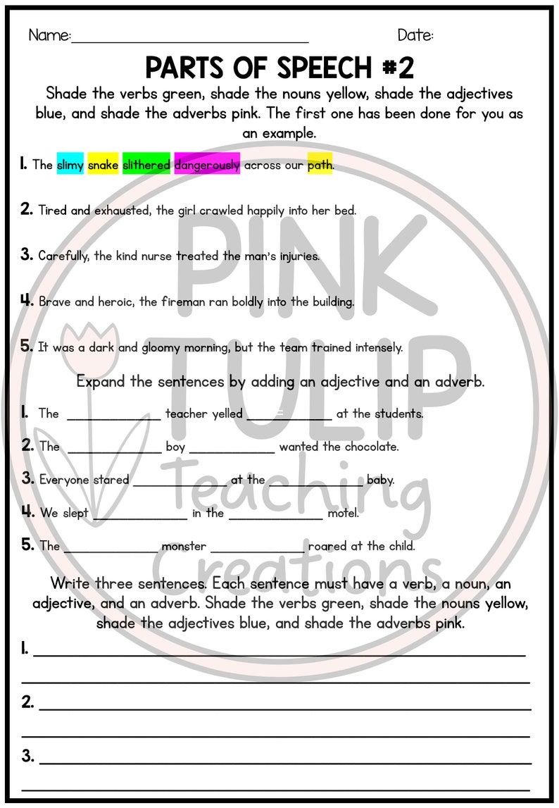 Parts of Speech Mini Unit - Structured Worksheet Pack - Etsy