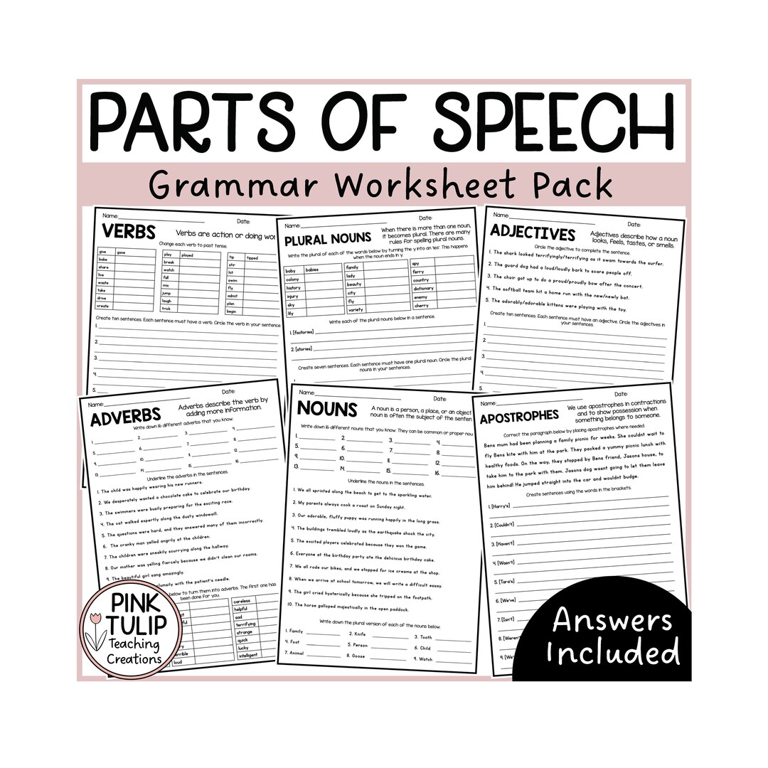 Parts of Speech Grammar Workbook - Etsy