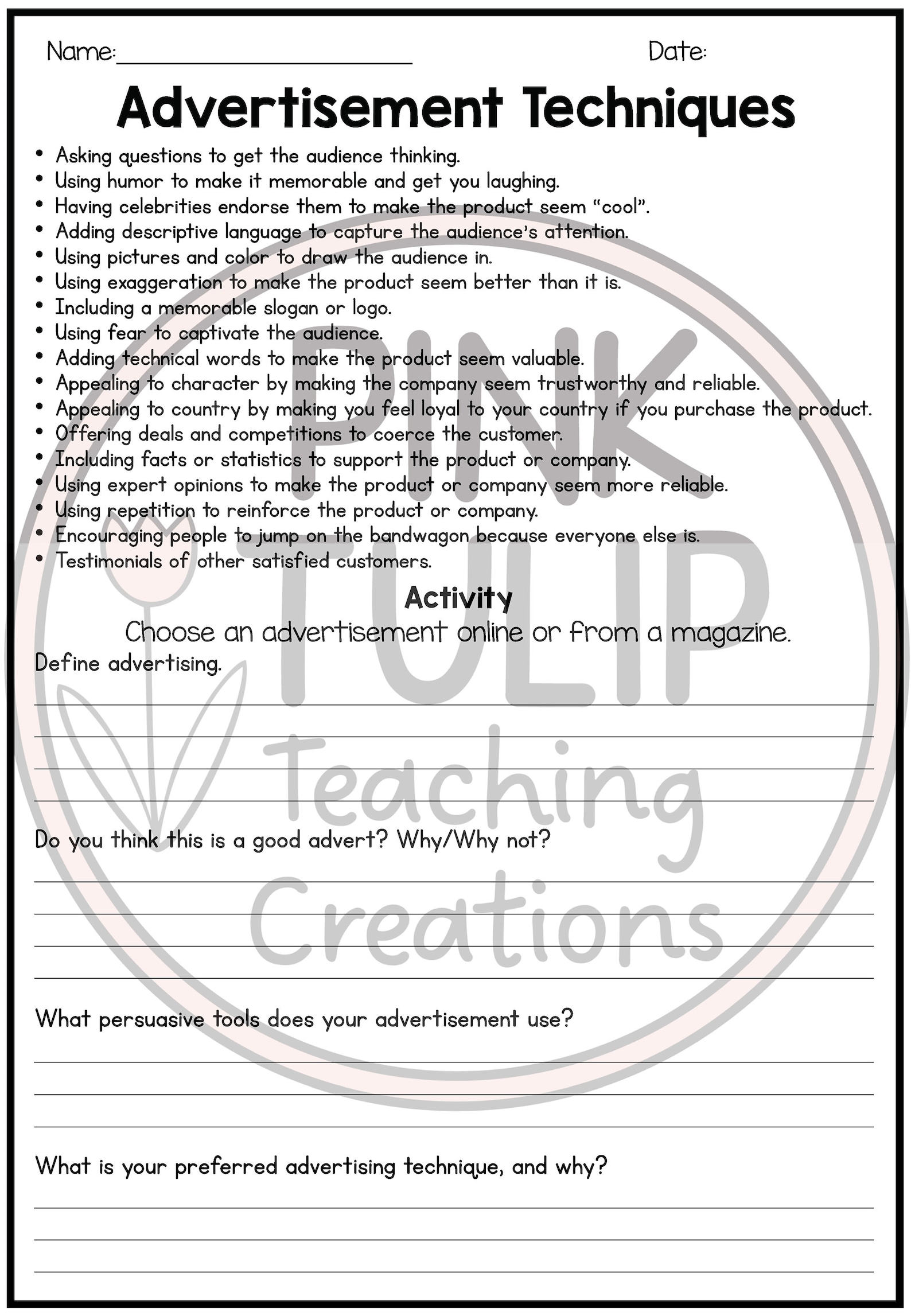 Advertisement Techniques - Persuasive Writing Worksheets - Etsy