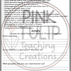 Advertisement Techniques - Persuasive Writing Worksheets - Etsy
