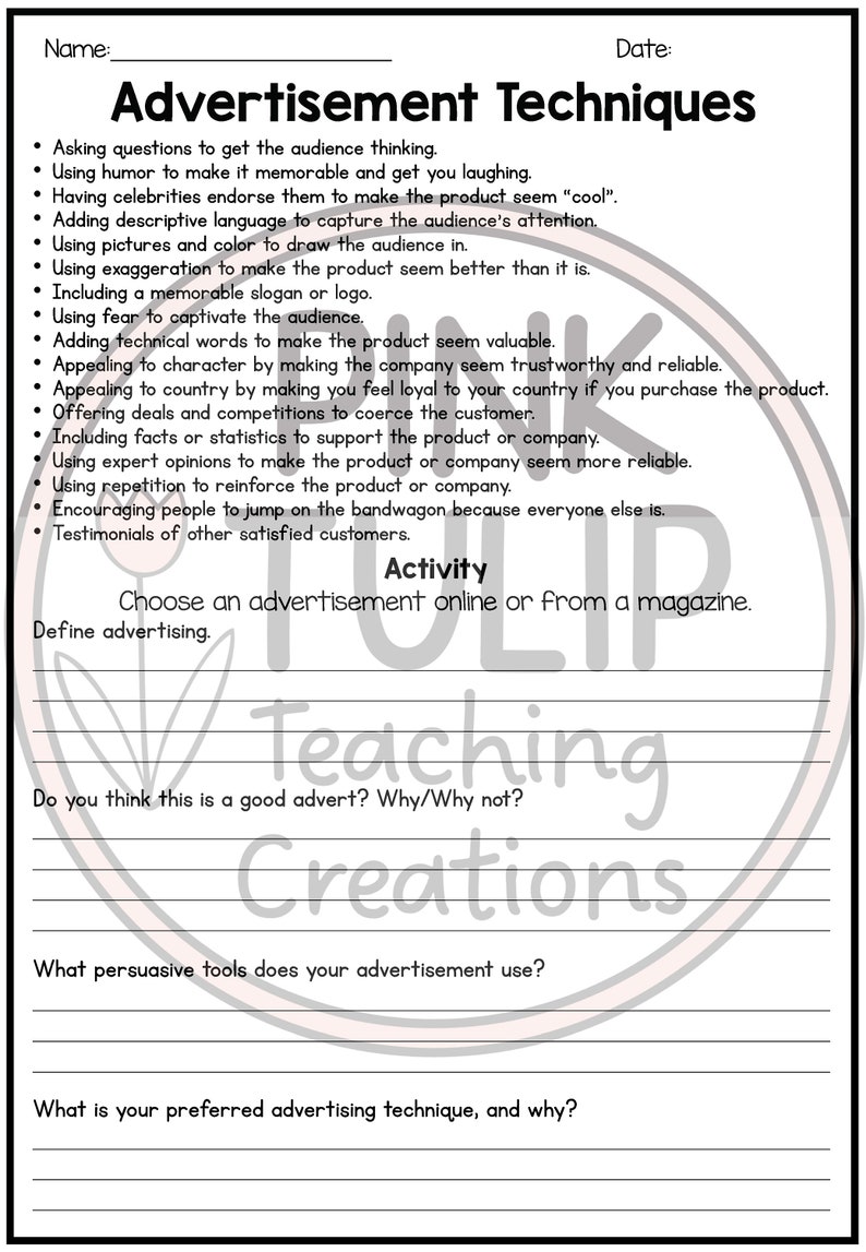 Advertisement Techniques - Persuasive Writing Worksheets - Etsy