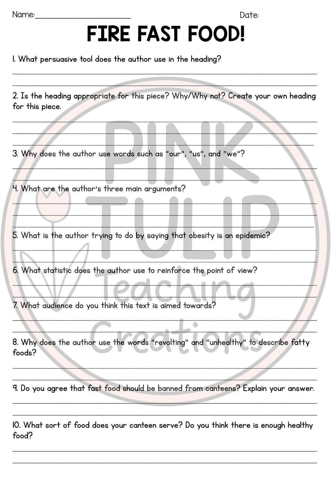 Persuasive Writing Comprehension - Fire Fast Food - Etsy