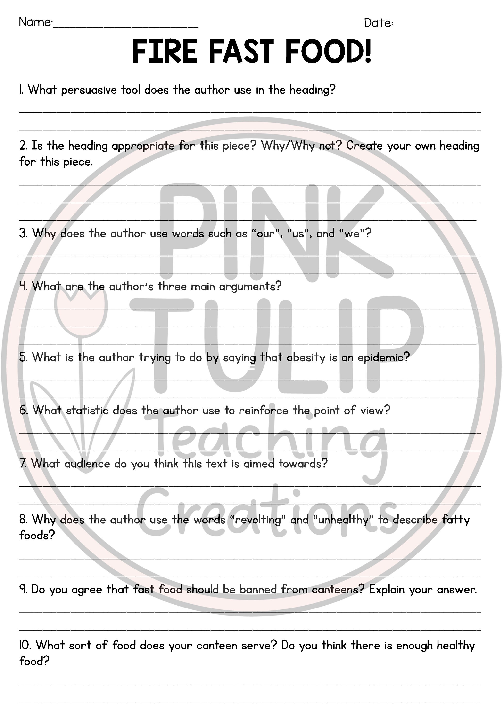 Persuasive Writing Comprehension - Fire Fast Food - Etsy