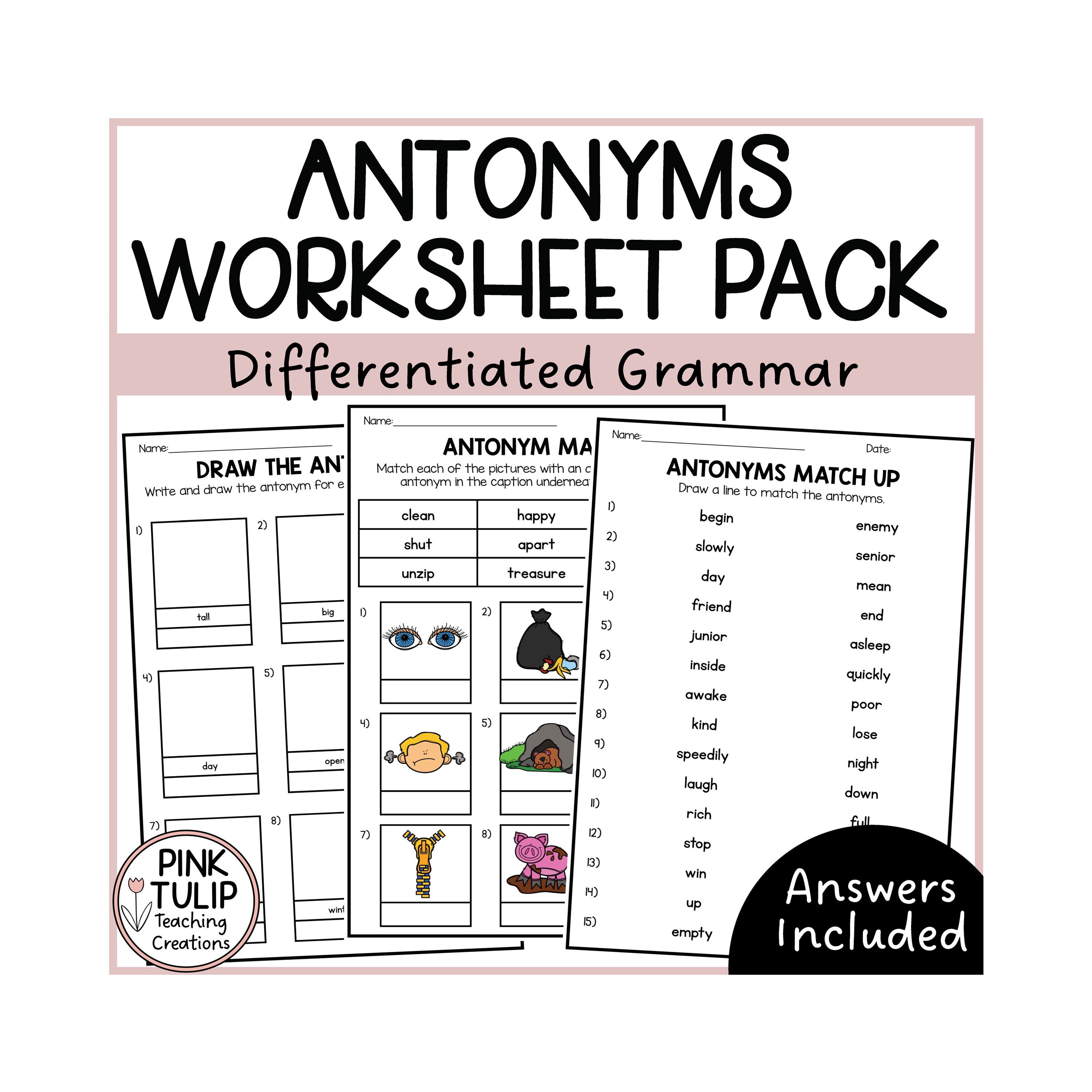 Antonyms Worksheet Pack No Prep Printables With Answers - Etsy
