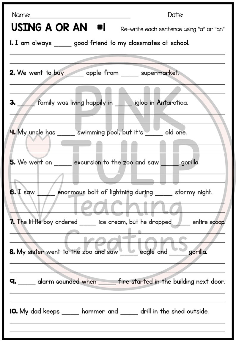 Using the Article A or an - Fill in the Blanks Worksheet Pack - Etsy
