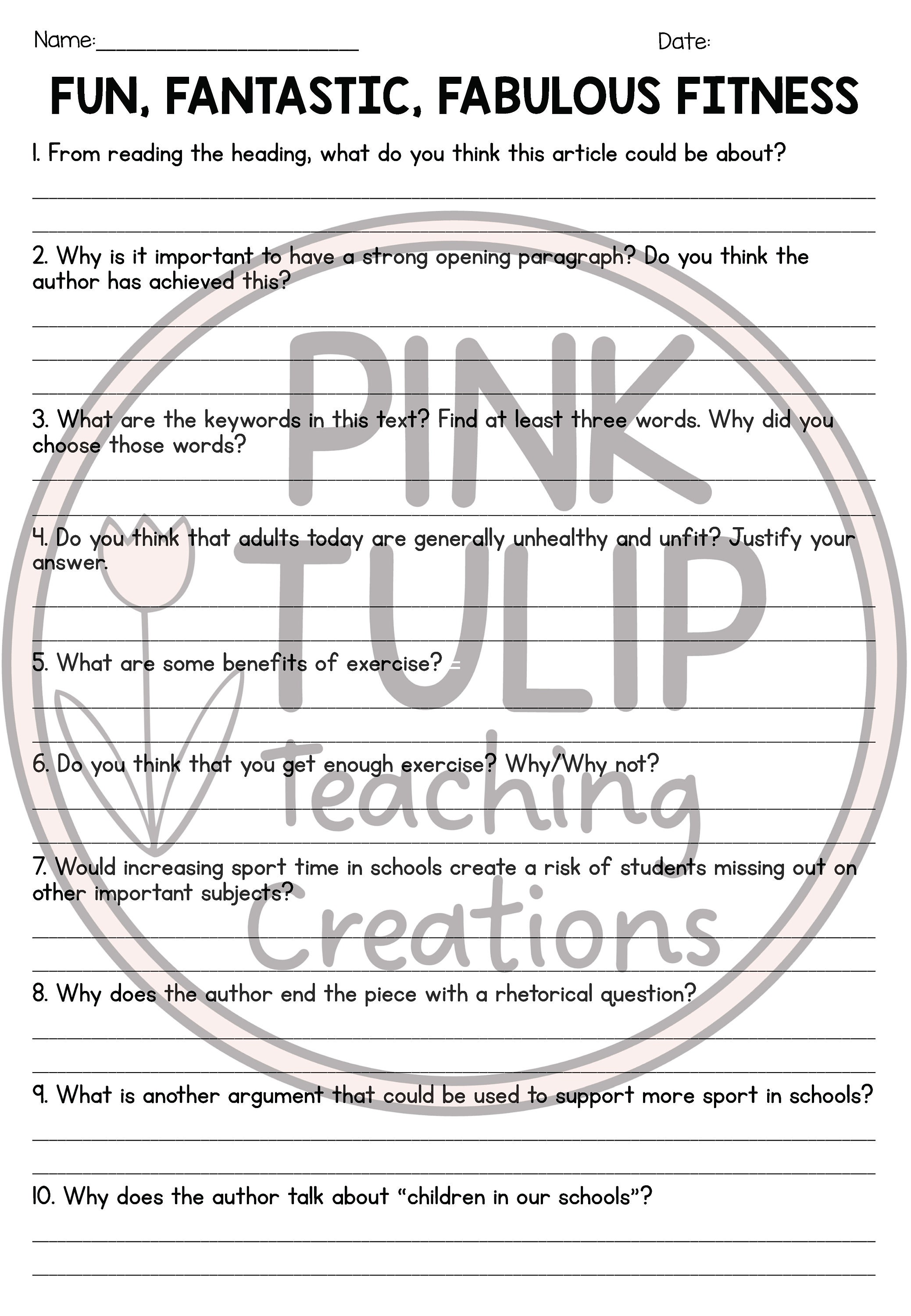 Persuasive Writing Comprehension - Fun, Fantastic, Fabulous Fitness - Etsy