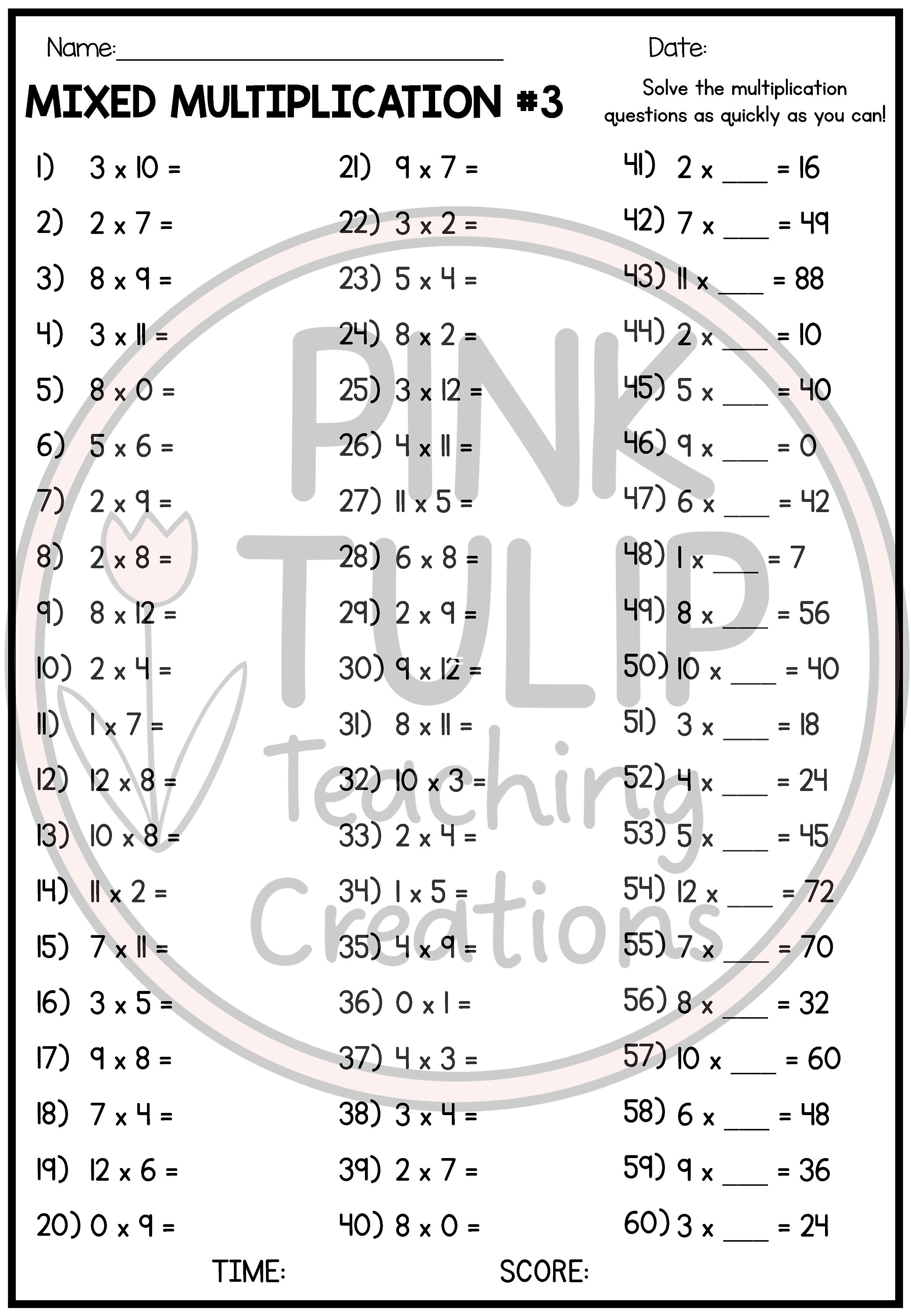 Multiplication Times Table Worksheets - Numeracy Warm Up - Etsy