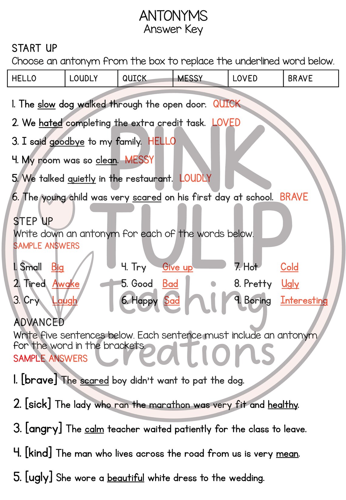 Antonyms and Synonyms - Grammar Worksheets With Answers - Etsy