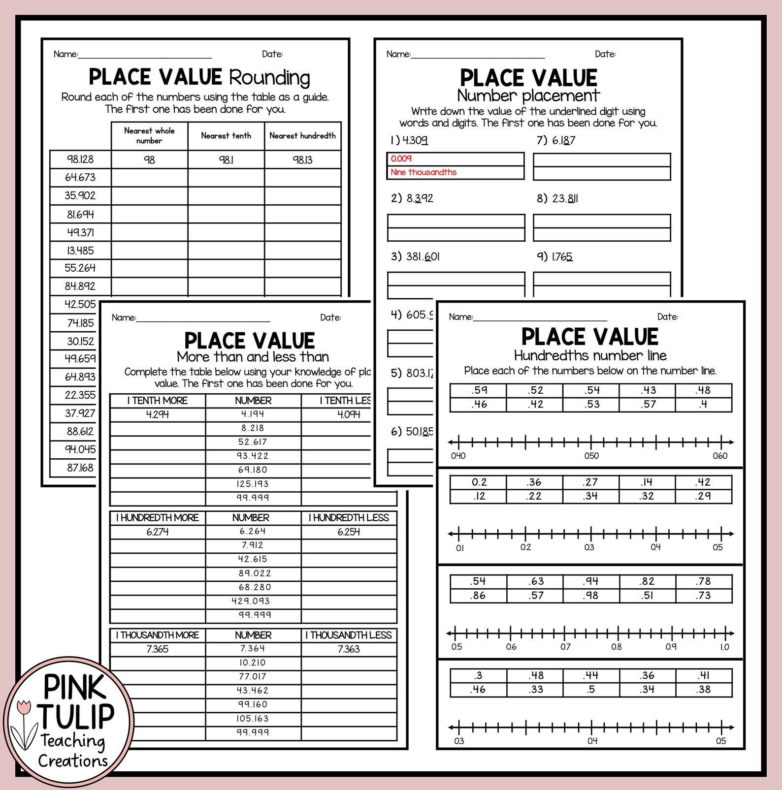 Decimal Place Value Into the Thousandths - Worksheet Pack - Etsy